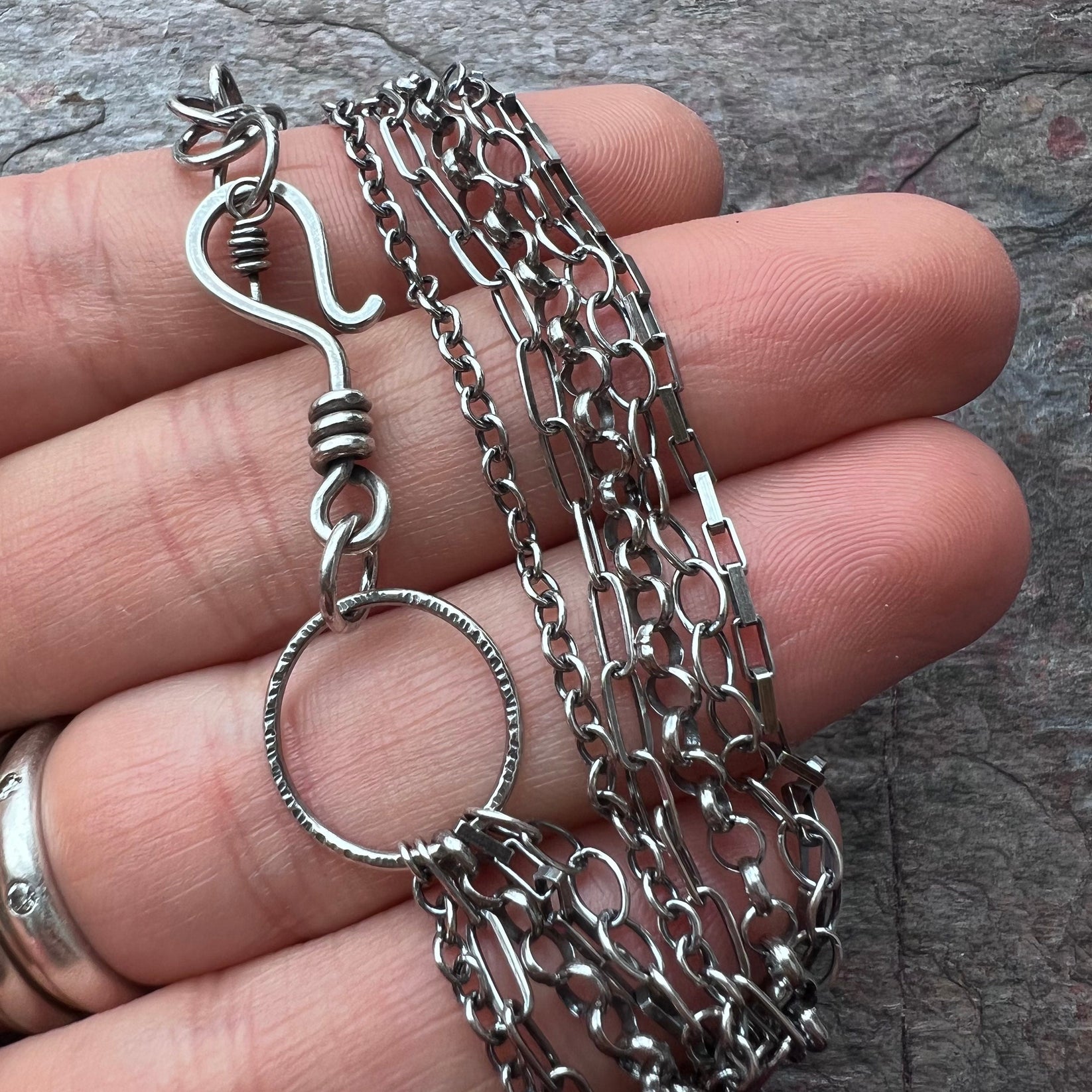 Sterling Silver Multi Chain Bracelet with Sterling Silver Handmade Cla ...